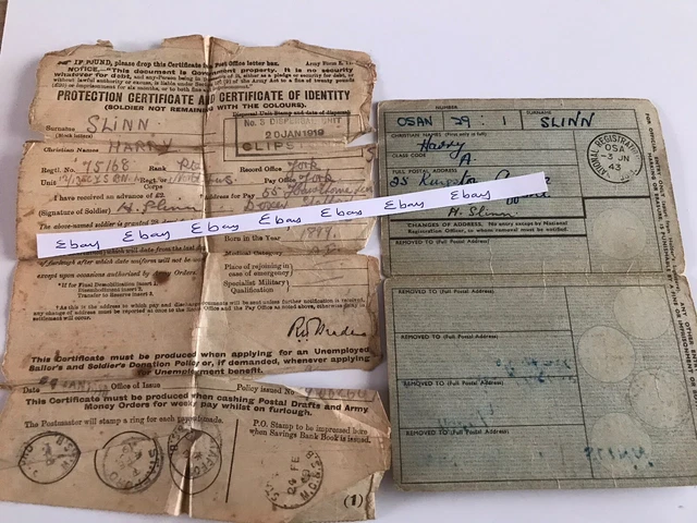 WW1 SOLDIERS PROTECTION Certificate and WW2 Identity Card of Pte H ...