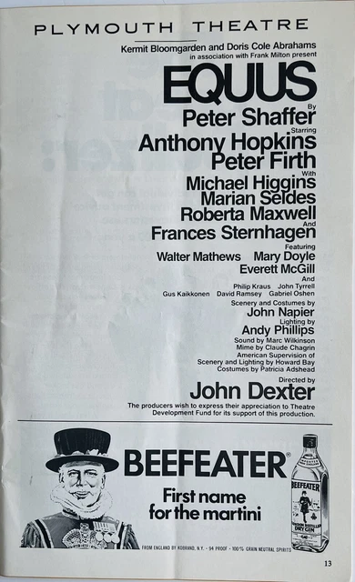 EQUUS - BROADWAY Playbill - aprile 1975 - Anthony Perkins, Marian ...