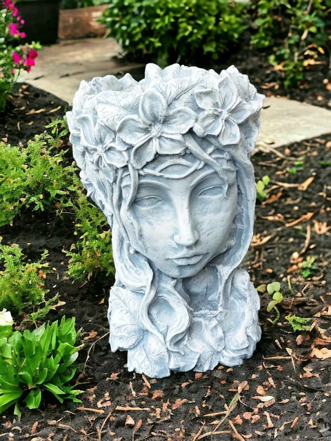 CONCRETE LADY PLANTER Head Natural Stone Finish 35cm Stone Statue ...