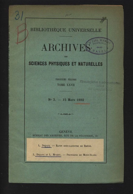 RAVIN SOUS-LACUSTRE DU Rhone. Protogine du Mont-Blanc. Archives des ...