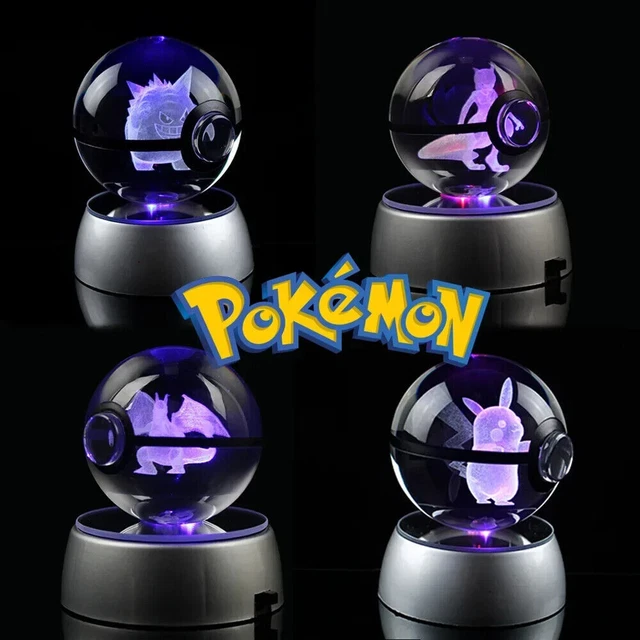 POKEMON 3D CRYSTAL Glass Pokeball Orb and LED Light Stand Perfect Kids ...