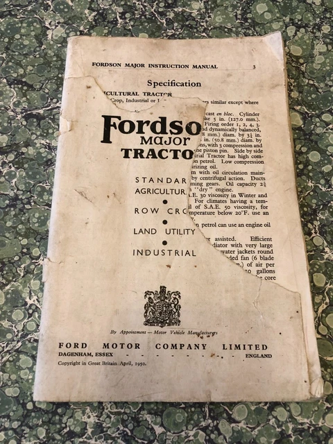 FORDSON MAJOR TRACTOR Instruction Manual 1950 Row Crop Utility ...