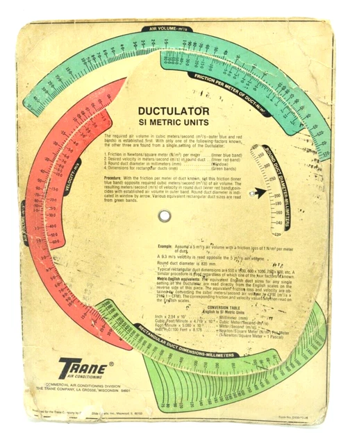 TRANE DUCTULATOR DUCT Sizing Calculator Slide Chart Graph With ...
