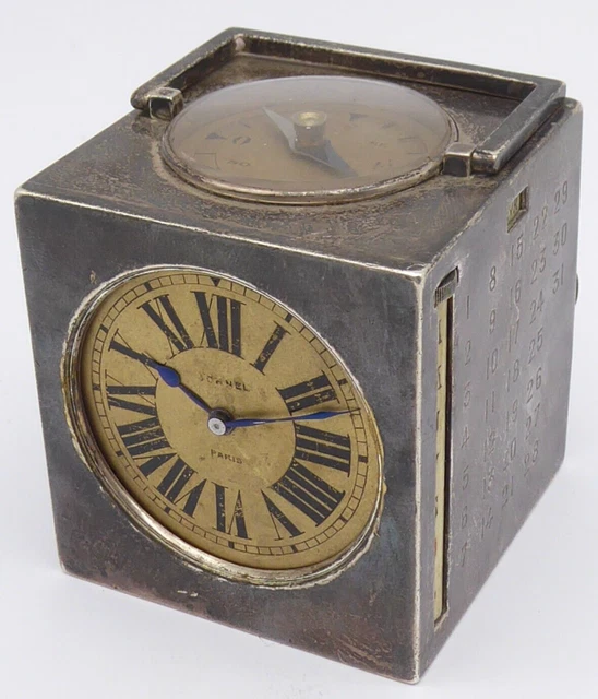 RARE ANTIQUE FRENCH Silver Desk Compendium Clock Compass Barometer L ...