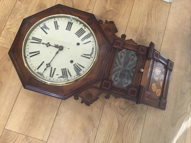 ANTIQUE AMERICAN INLAID WALNUT DROP BOX WALL CLOCK,SPRINGS FINE.JUST ...