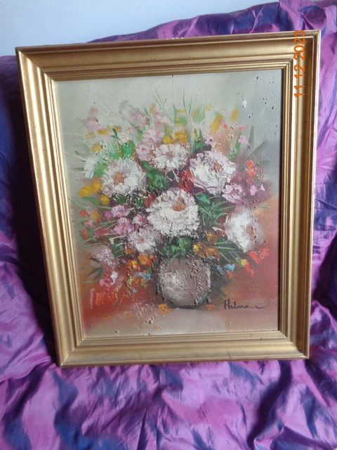 TABLEAU HUILE NATURE morte fleurs sur panneau signé EUR 20,00 - PicClick FR