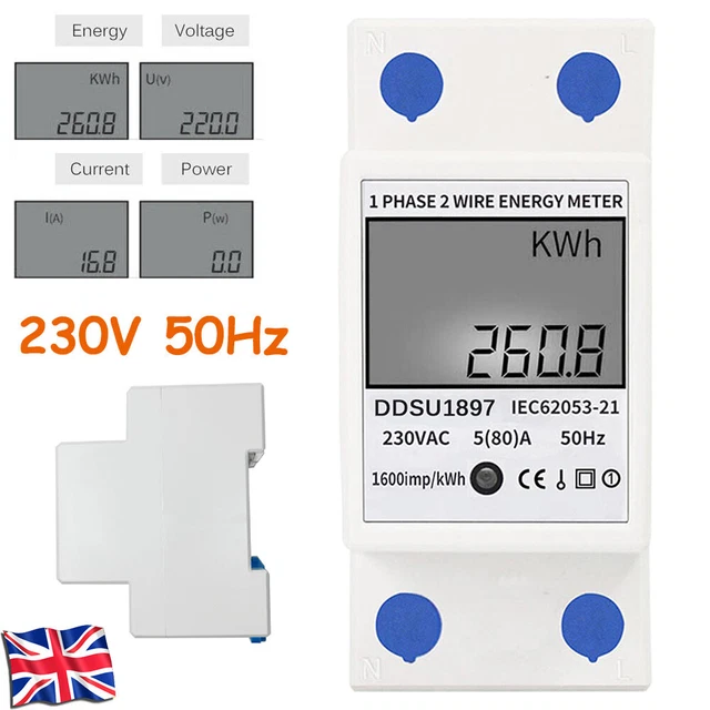 DIGITAL ELECTRIC ENERGY Meter Phase DIN Rail Electricity Meter White UK ...