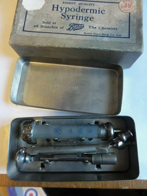 VINTAGE VETS record hypodermic syringe in its chrome tin & box boots ...