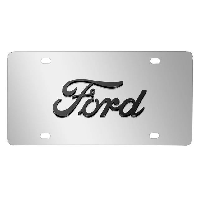 FORD 3D SCRIPT Logo in Black on Mirror Chrome Stainless Steel License ...