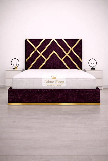 LUXURY PANEL GOLD Strip Bed Crushed Velvet With/Without Ottoman Gas ...