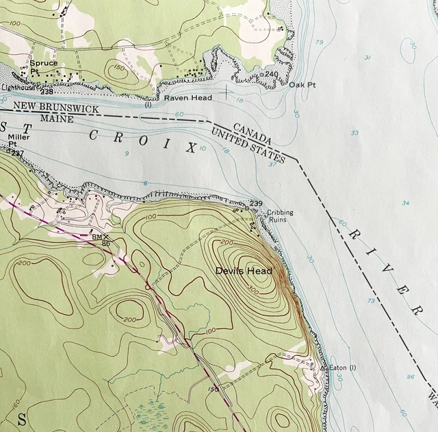 MAP DEVIL'S HEAD Maine USGS 1975 Topographic Geological 1:24000 27x22 ...