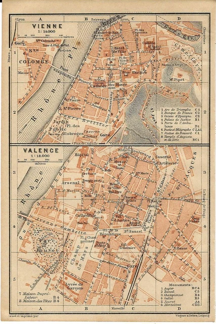 CARTA GEOGRAFICA ANTICA VIENNE VALENCE Pianta della città 1913 Old ...