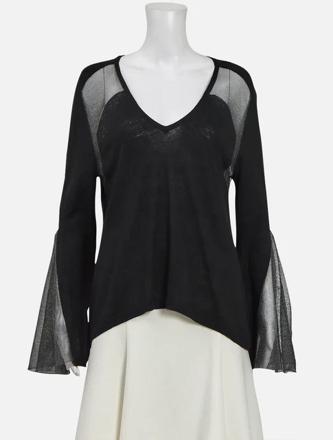 SASS & BIDE Palais Grande Black linen knit top sheer lurex detail ...