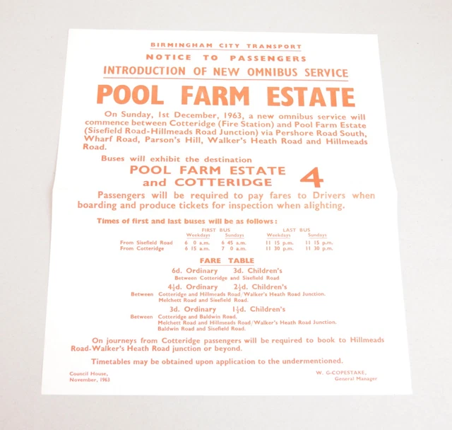 BUS COACH POSTER Birmingham City Transport New Service Pool Farm 1st ...