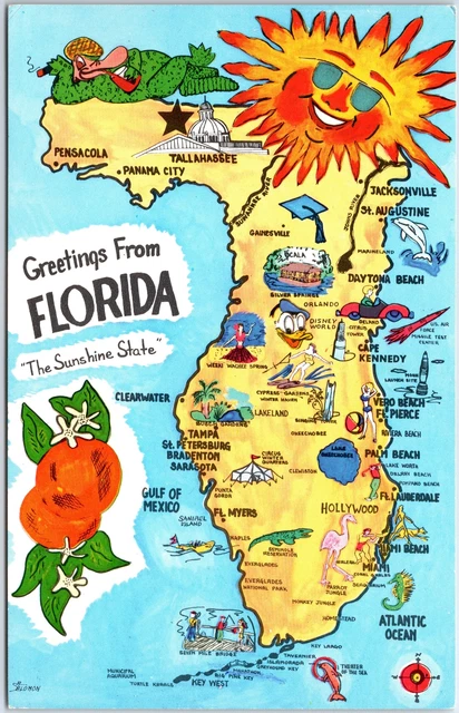 VINTAGE POSTCARD ANIMATED PICTORIAL MAP OF FLORIDA THE SUNSHINE STATE ...