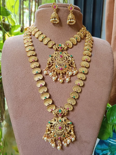 SOUTH INDIAN BOLLYWOOD 22K Matt Gold Plated Long Temple Fashion Necklace Set New EUR 26,78 ...