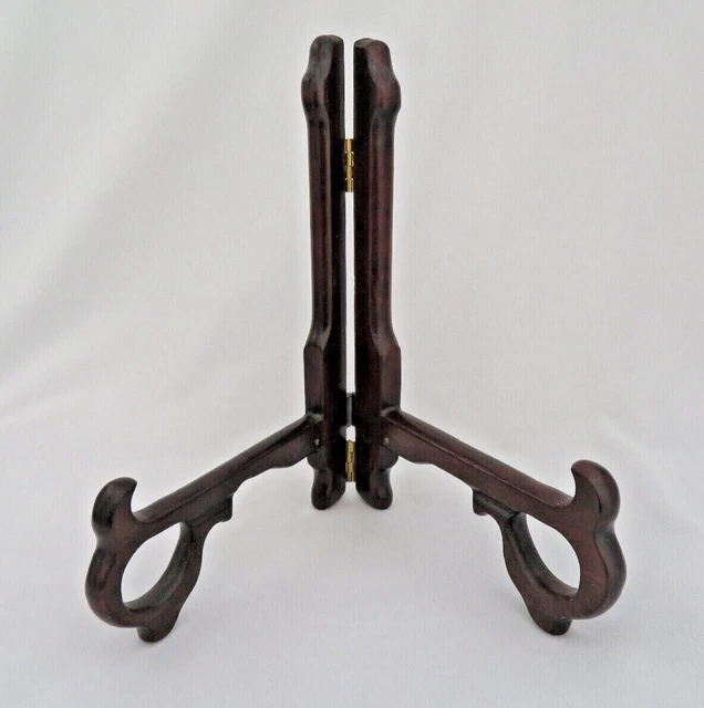 VINTAGE CHINESE CARVED Brown Wood Display Plate Stand ~ 8" - 9" Plate £ ...