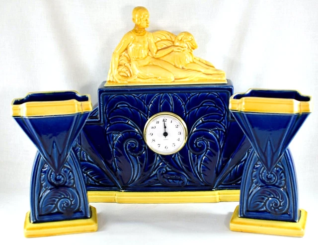 VINTAGE ART NOUVEAU French Ceramic Mantel Clock Garniture Quartz ...