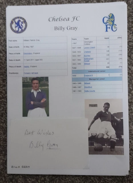 SIGNED CARD OF Ex Chelsea Footballer Billy Gray+history.1950's £5.99 ...