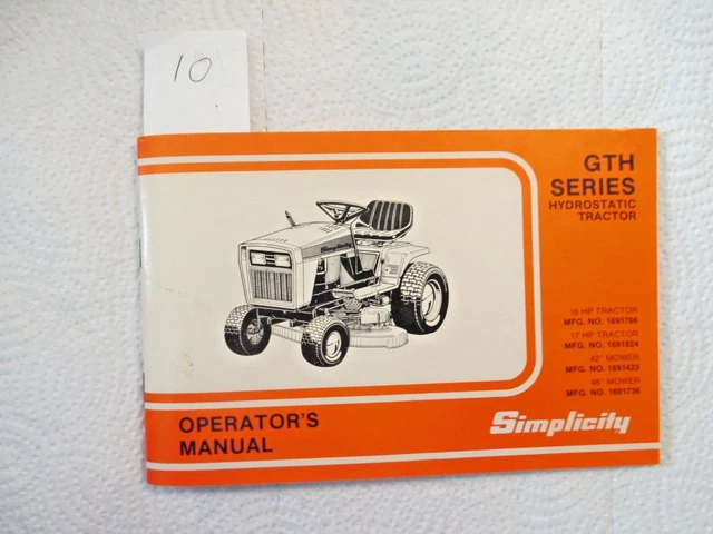 SIMPLICITY GTH SERIES Hydrostatic Tractor Operator's Manual. $8.50 ...
