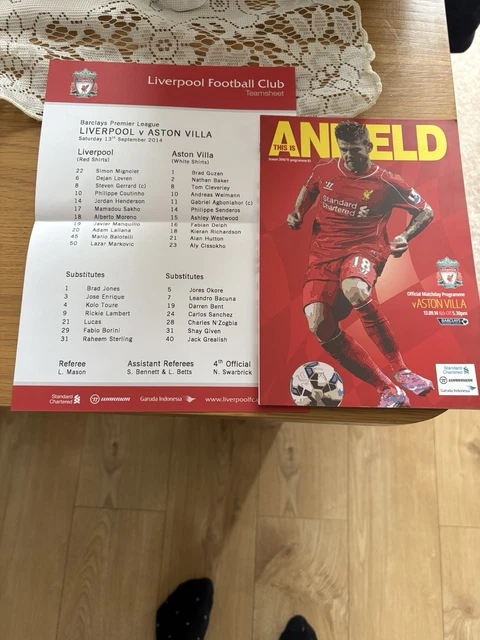 MINT PROGRAMME AND Teamsheet Premier League 2014 Anfield Liverpool V ...