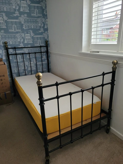 IKEA VINTAGE METAL bed frame, single, black with brass effect bedknobs & castors £50.00 ...