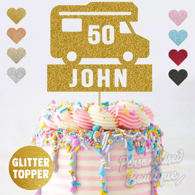Personalised Custom Glitter Cake Topper Camper Van Motor Home Birthday
