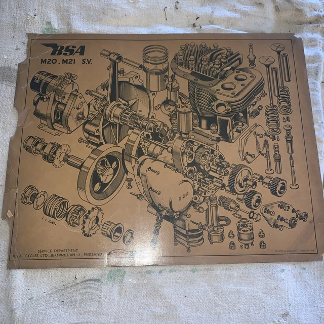 ORIGINAL 1949 BSA Motorcycle Workshop Service Poster Chart For M20 M21 ...