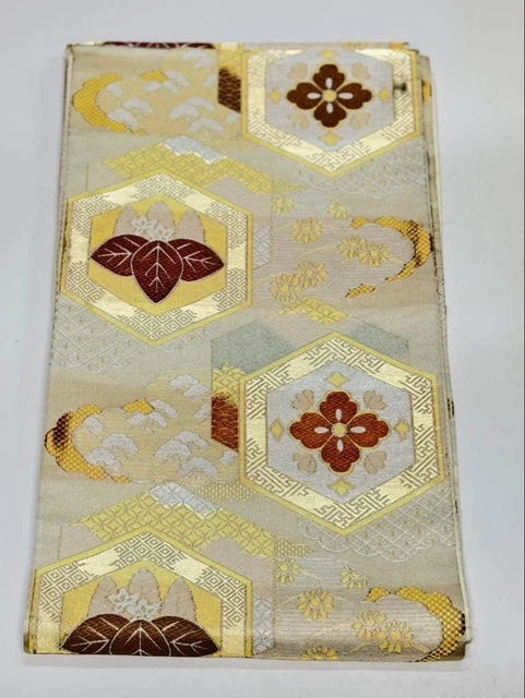 JAPANESE KIMONO FUKURO Kimono Obi Golden Tortoise Shell floral Pure ...