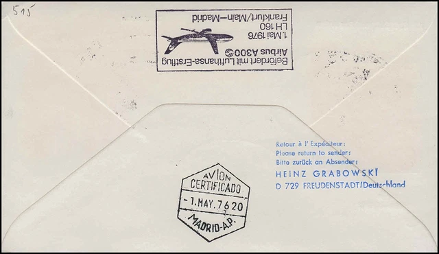 LUFTHANSA ERSTFLUG R-BRIEF Airbus A 300, LH 160 Frankfurt Main / Madrid ...