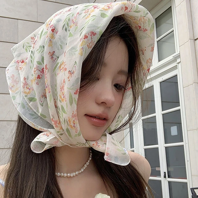 RETRO FRENCH PASTORAL Head Scarf Floral Silk Scarf Triangle Scarf ...