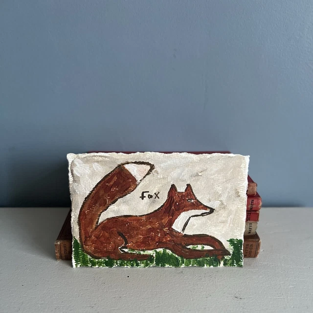 ORIGINAL FOLK ART Fox Painting, Naive Folk Art Acrylic Art On Raw Edge ...