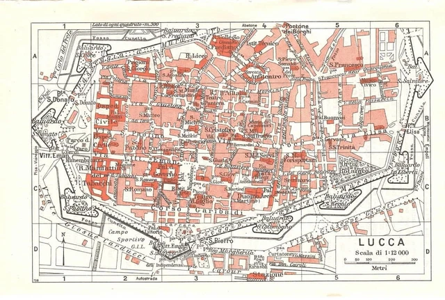 CARTA GEOGRAFICA ANTICA LUCCA pianta della città TCI 1939 Antique map ...