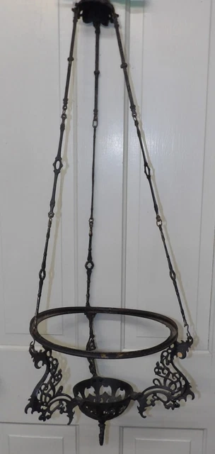 ANTIQUE VICTORIAN CAST Iron Hanging Oil Lamp Ceiling Light Holder Frame ...