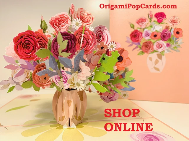 ORIGAMI POP CARDS Spring Rose Flower Bouquet 3D Happy Mother's Day Pop ...