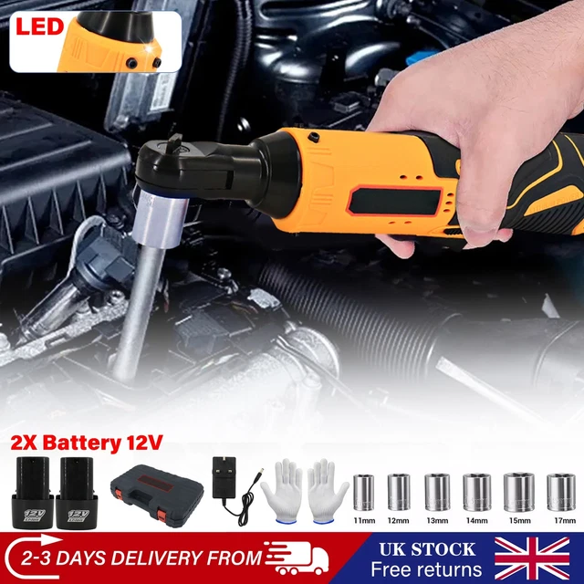 12V 3/8& ELECTRIC Cordless Ratchet Right Angle Wrench Set Built-in LED ...