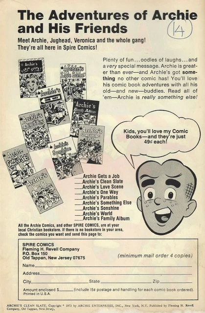 ARCHIE'S CLEAN SLATE-SPIRE Christian Comics-1973-32 pgs-49 cents-100 % ...