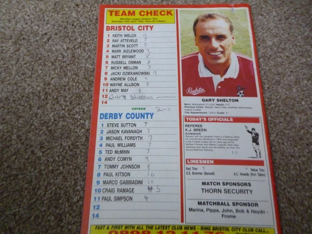 BRISTOL CITY V Derby County Saturday 25Th April 1992 Barclays League 2 ...