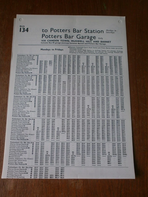 LONDON TRANSPORT BUS Stop Timetable Panel-Route 134, 1980 £1.99 ...