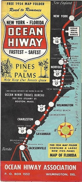 1954 OCEAN HIGHWAY Road Map Coastal Route NEW YORK-FLORIDA S.S ...