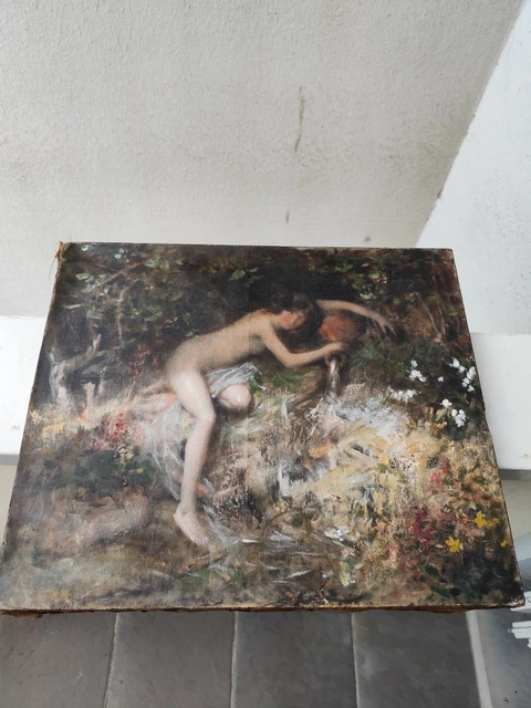 HUILE SUR TOILE ancienne femme nymphe a la fontaine cruche goût Gustave Courbet EUR 1.800,00 ...