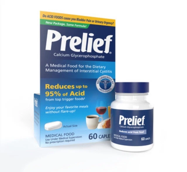 PRELIEF CALCIUM GLYCEROPHOSPHATE Acid Reducer 60 Caplets EXP 03/28 ...