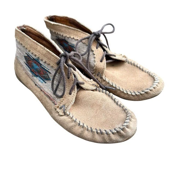SUEDE MOCCASIN ANKLE Boots Southwestern Aztec Navajo Tribal Style £18. ...