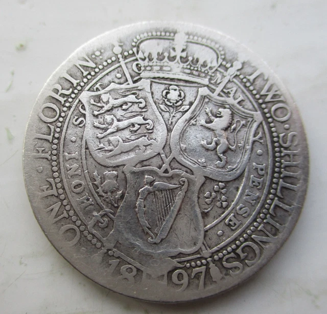 1897 QUEEN VICTORIA Old Head Florin, Two Shillings Sterling Silver .925 ...