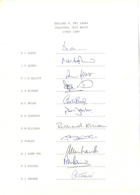 ENGLAND CRICKET Team v Sri Lanka - 1984 Inaugural Test Hand Signed Team ...