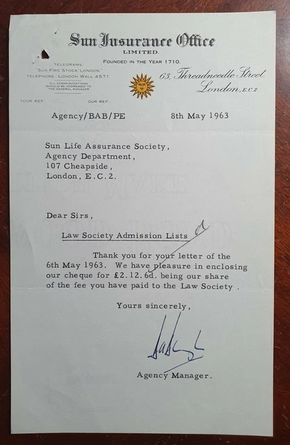 1963 SUN INSURANCE Office, 63 Threadneedle Street, London Letter EUR 7 ...