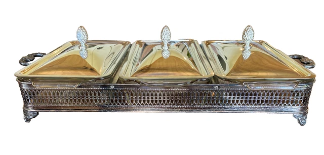 NOS TRIPLE SHEFFIELD Silverplate Casseroles w/ Lids 1 Qt Fire King ...