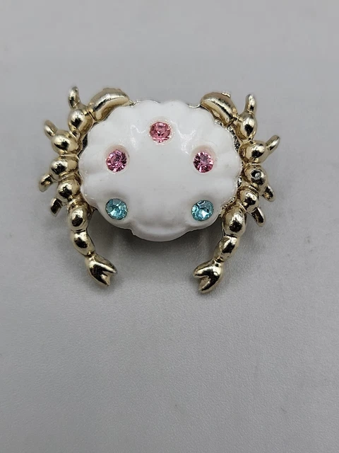 FAUX SHELL & Rhinestone Crab Brooch Gold Tone White Resin Sunmertime ...