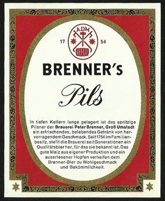 OLD BEER LABEL "Brenner's Pils" surrounded brewery / Peter Brenner big ...