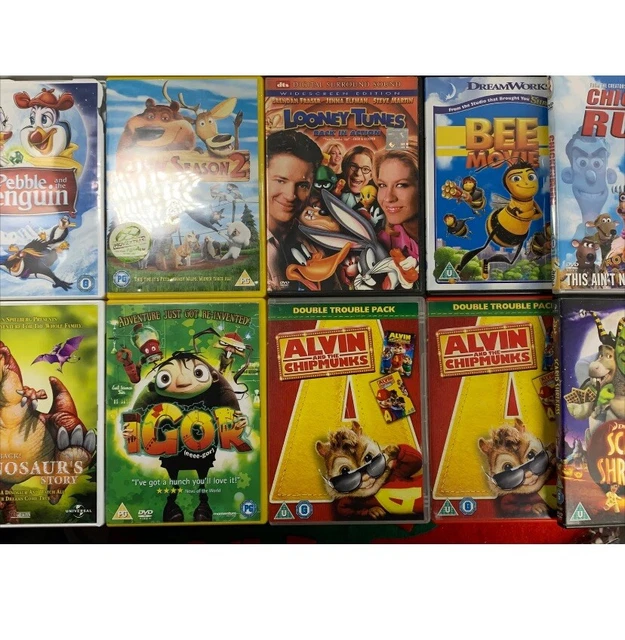 KIDS CHICKEN RUN DVD Bundle Shrek Alvin & Chipmunks Rated U DVDs Joblot ...